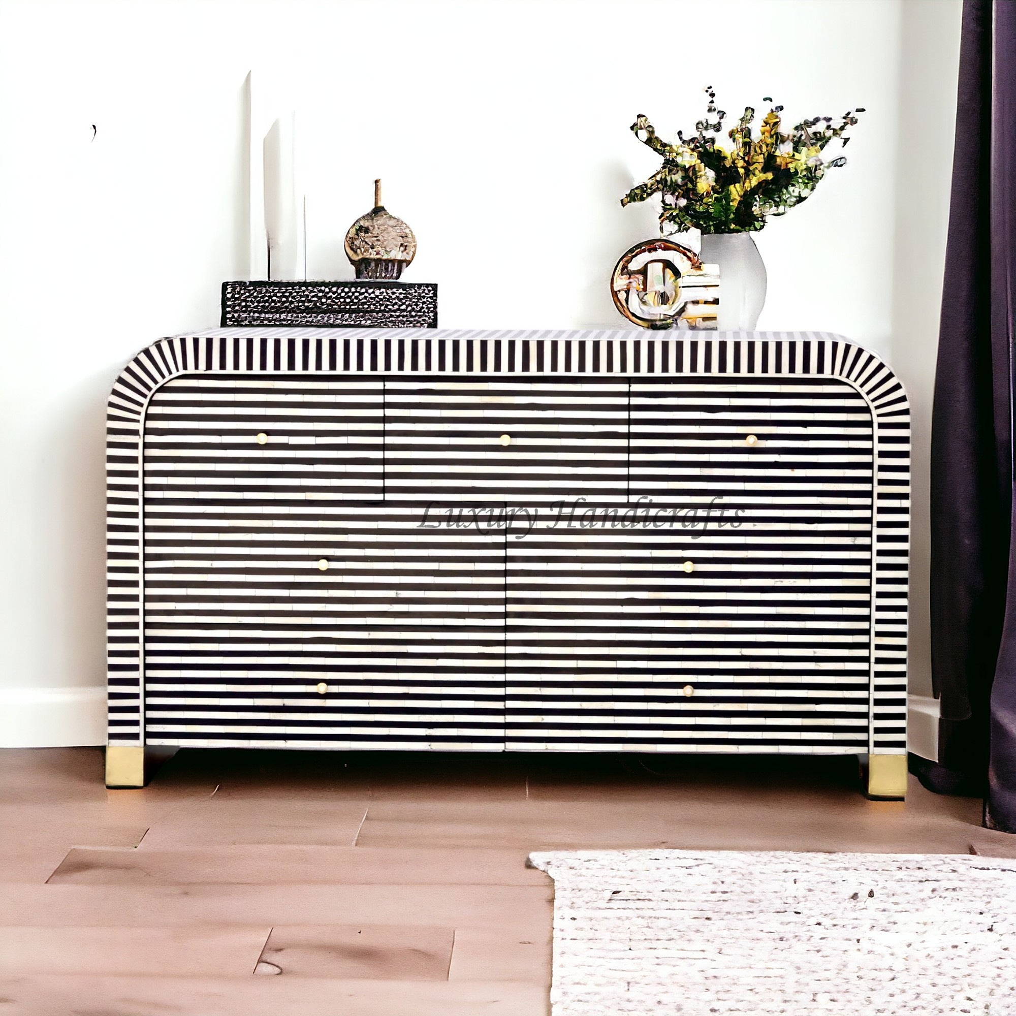 Waterfall Bone Inlay 7 Drawer Sideboard Black – Luxury Handicraft