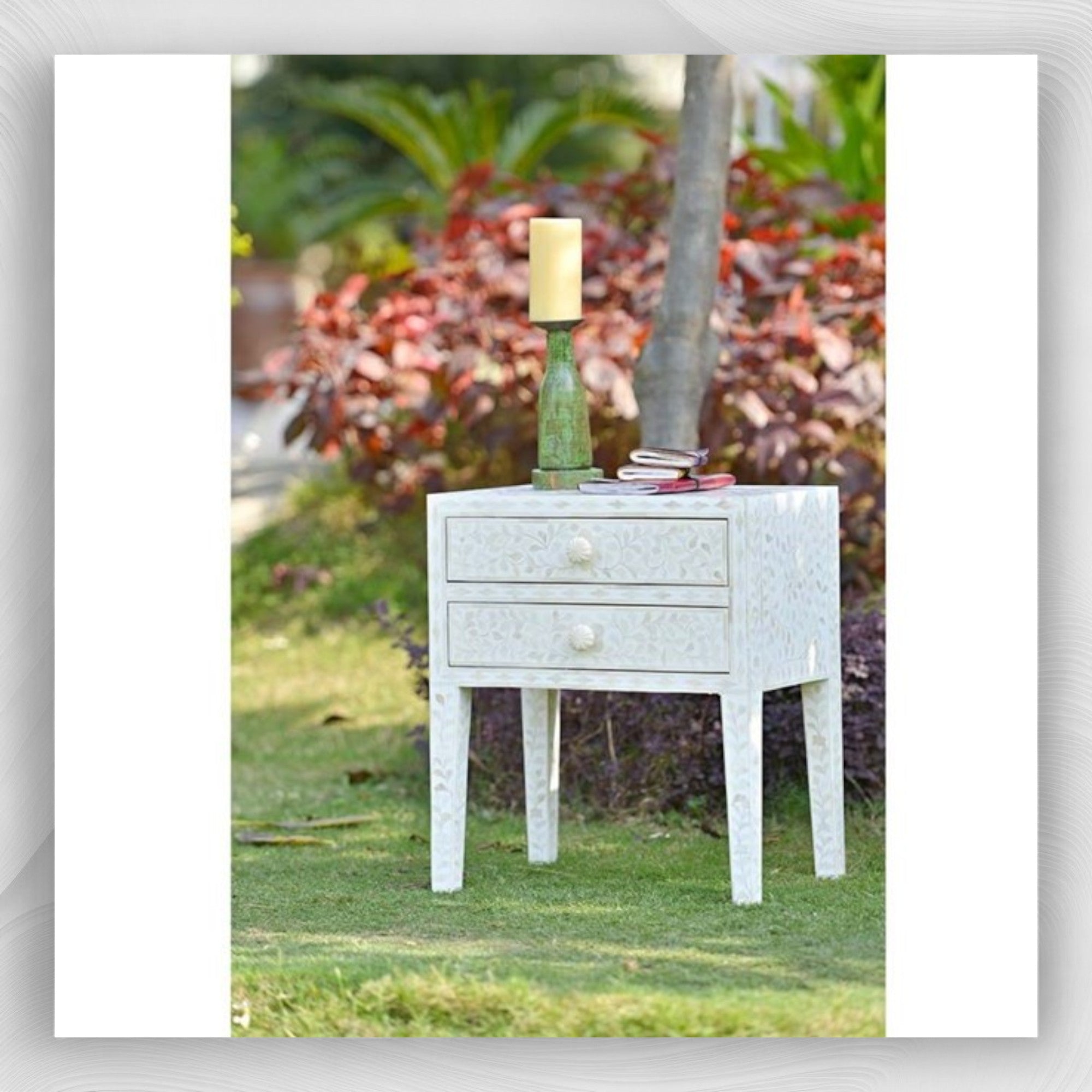 White Bone Inlay 2 Drawer Bedside Long Leg – Luxury Handicraft