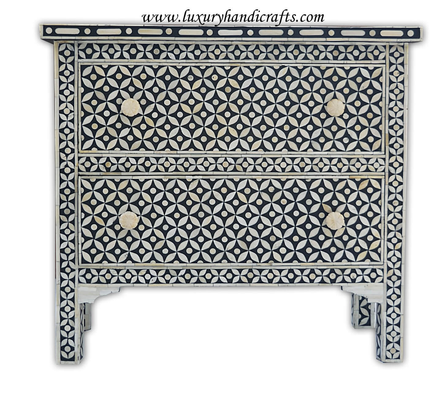 Geometric Bone Inlay 2 Drawer Bedside Large Black – Luxury Handicraft