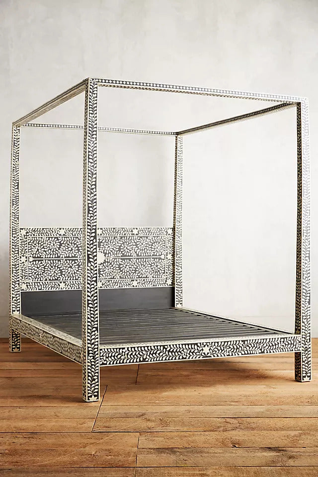 Bone Inlay Four Poster Bed Black – Luxury Handicraft