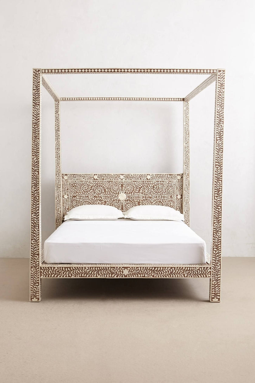 Bone Inlay Four Poster Bed Brown – Luxury Handicraft