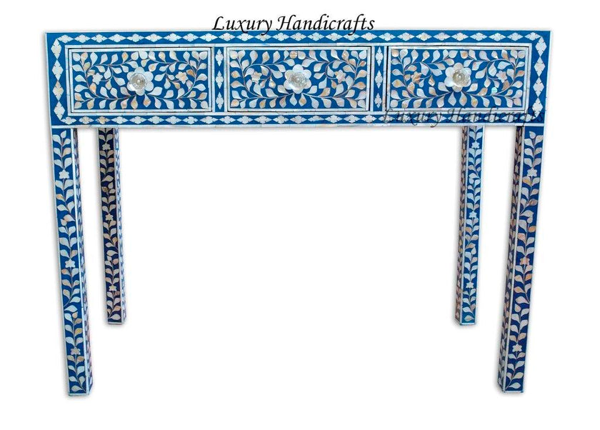 Blue Mother Of Pearl Inlay Floral 3 Drawer Console Table ...