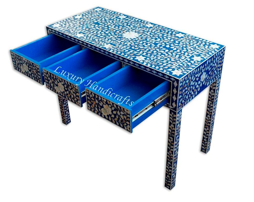Blue Mother Of Pearl Inlay Floral 3 Drawer Console Table ...