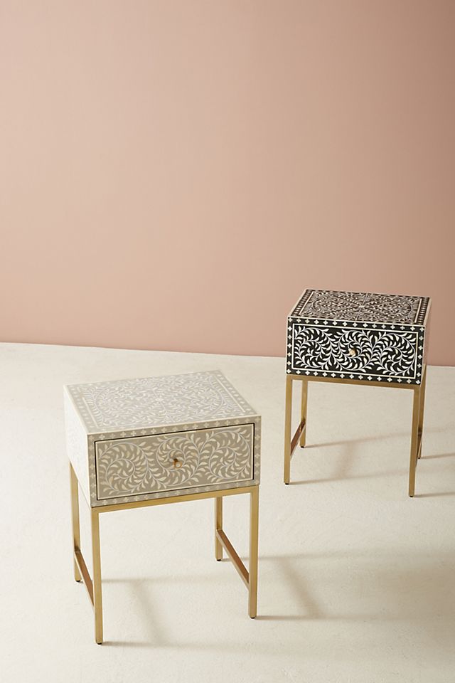 Scroll Vine Bone Inlay Nightstand Grey – luxuryhandicrafts