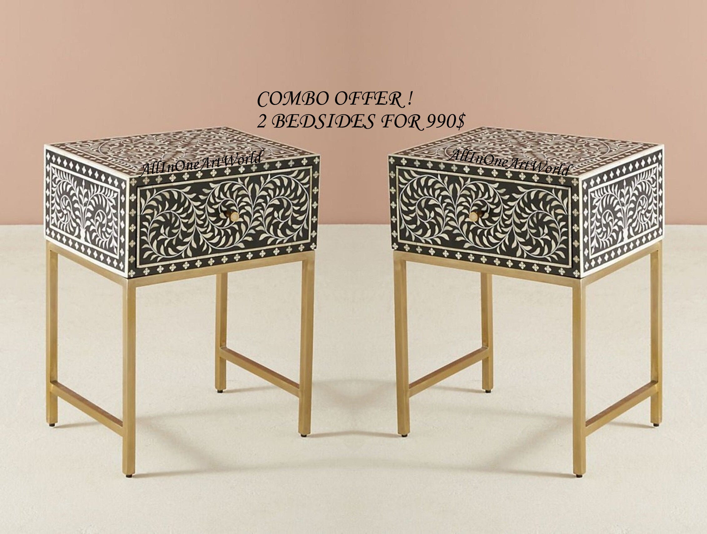 COMBO Bone Inlay Floral Bedside Table Black – Luxury Handicraft